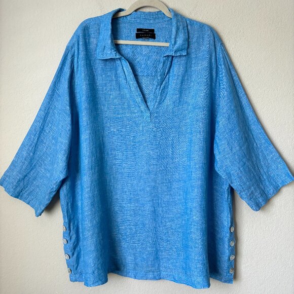 Tahari | Tops | Tahari Linen Coastal Blue Side Button Split Neck ...